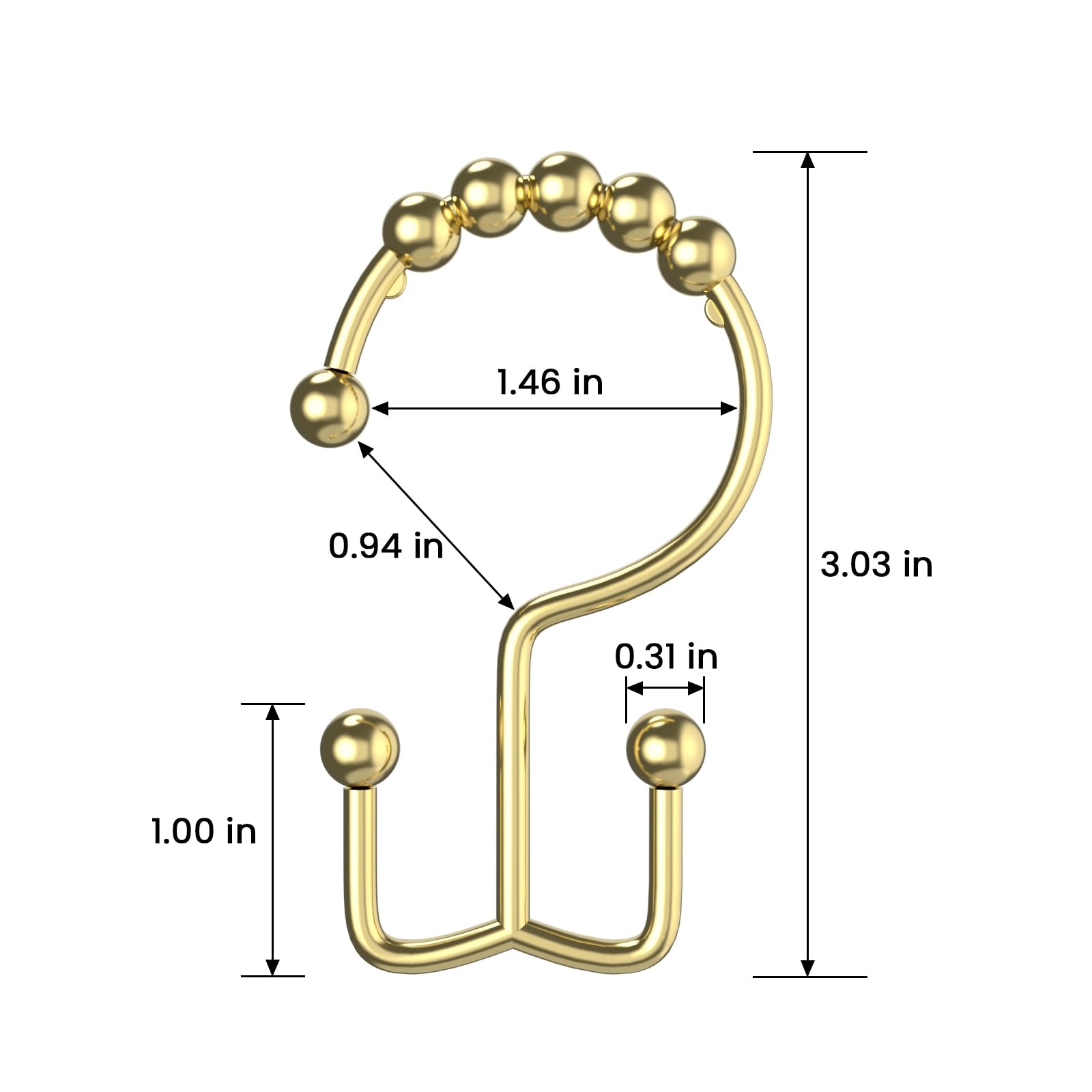 BATHDESIGN Shower Curtain Hooks Rings, Rust Proof Stainless Steel Shower Curtain Hooks Double Sided for Bathroom Shower Rods Curtains, Set of 12, Gold