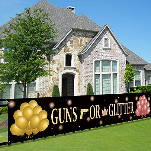 Joyiou Guns Or Glitter Decorations Banner Porch Sign, Large Baby Shower Party Sign Supplies, Gender Reveal Photo Booth Props Backdrop (9.8x1.6ft)