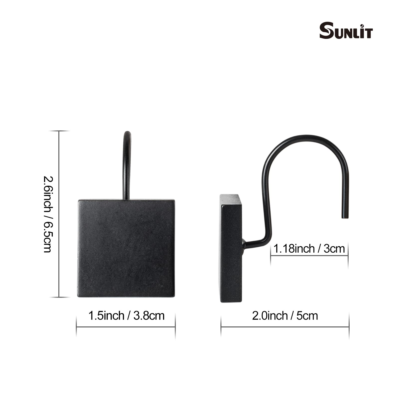 Sunlit Geometric Decorative Shower Curtain Hooks, Matte Square Geometric Black Shower Curtain Rings, Resin, Bathroom Decoration Boho Shower Curtain Hooks-12 Pack