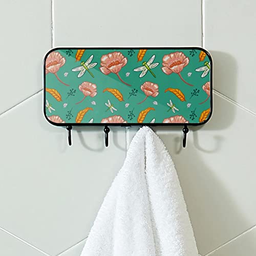 Adhesive Hooks Towel Hooks, Wall Hooks Stick on Bathroom/Kitchen/Bedroom Botanical Flowers Leaves Dragonfly