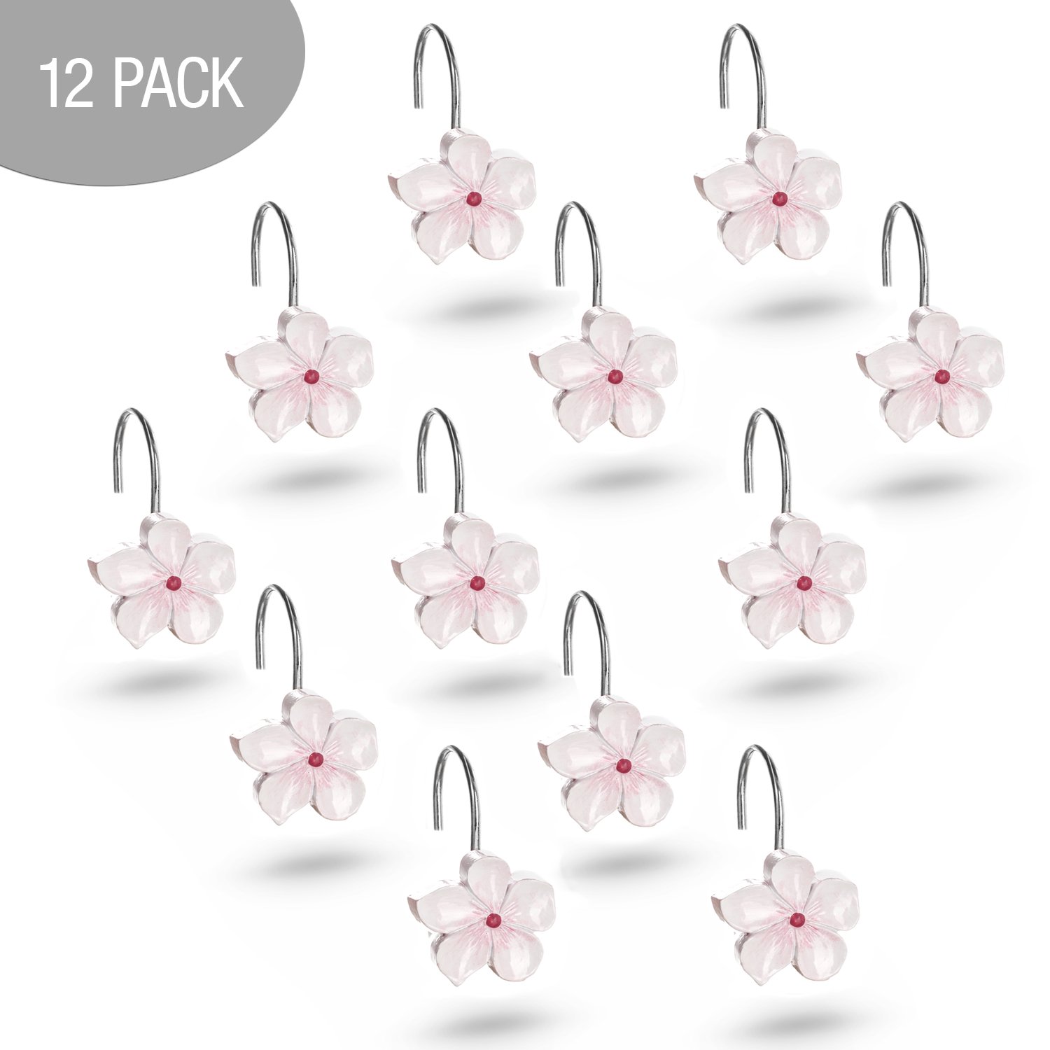Creative Scents Vanda Flower Shower Curtain Hooks - Set of 12 White & Pink Floral Shower Curtain Hooks - Decorative Shower Curtain Rings for Curtain - Spring Blossom Shower Hooks for Shower Curtain