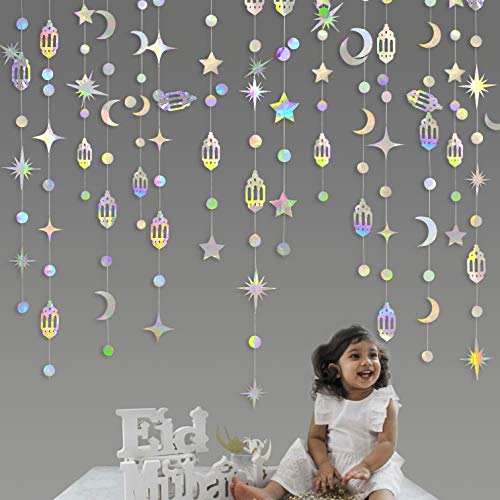 Iridescent Eid Mubarak Ramadan Decorations Hanging Rainbow Star Moon Circle Dot Crescent Lamp Garland Streamer Banner Backdrop Decorations for Happy Ramadan Muslim Islam Birthday Wedding Party