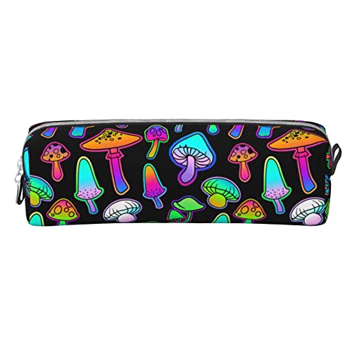 Colorful Mushroom Leather Pencil Case Bag for Girls Boys Lightweight Durable Pen Pouch with Brass Zipper, Organizer Box Change Coins Bag