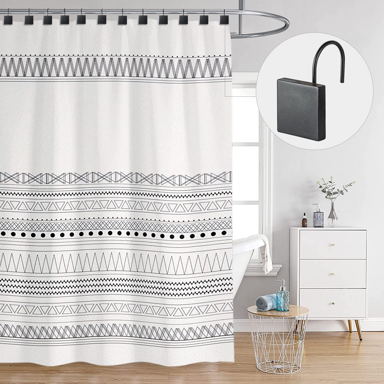 Sunlit Geometric Decorative Shower Curtain Hooks, Matte Square Geometric Black Shower Curtain Rings, Resin, Bathroom Decoration Boho Shower Curtain Hooks-12 Pack