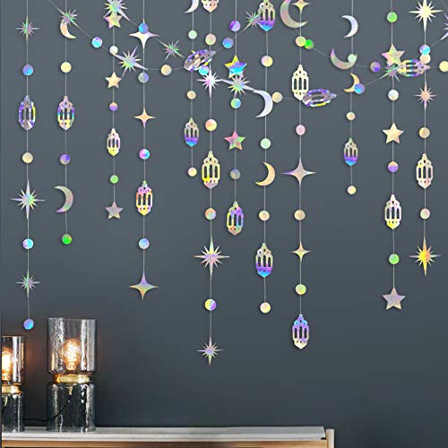 Iridescent Eid Mubarak Ramadan Decorations Hanging Rainbow Star Moon Circle Dot Crescent Lamp Garland Streamer Banner Backdrop Decorations for Happy Ramadan Muslim Islam Birthday Wedding Party
