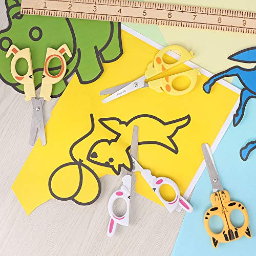 Asdirne Scissors For Kids, Blunt Scissors, Small School Student Craft Scissors, Sharp Stainless Steel Blades Safety, Cute Animal Shapes, 5 inch, 4pack