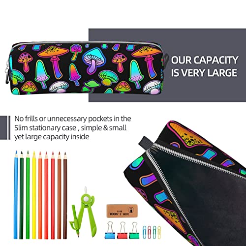 Colorful Mushroom Leather Pencil Case Bag for Girls Boys Lightweight Durable Pen Pouch with Brass Zipper, Organizer Box Change Coins Bag