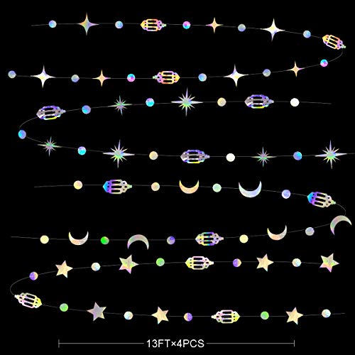 Iridescent Eid Mubarak Ramadan Decorations Hanging Rainbow Star Moon Circle Dot Crescent Lamp Garland Streamer Banner Backdrop Decorations for Happy Ramadan Muslim Islam Birthday Wedding Party