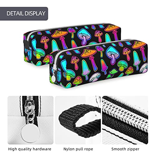 Colorful Mushroom Leather Pencil Case Bag for Girls Boys Lightweight Durable Pen Pouch with Brass Zipper, Organizer Box Change Coins Bag