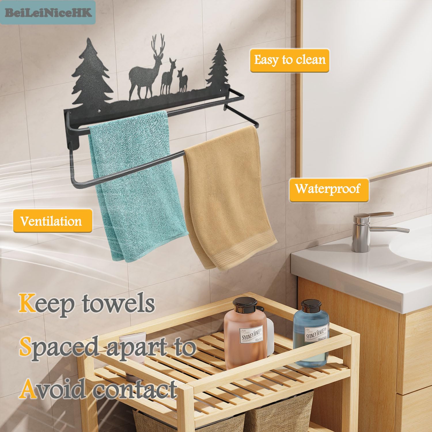 Towel Racks for Bathroom,Matte Black Bathroom Towel Holder Wall Mounted,Rustic Kitchen Dish Towel Hanger with Double Towel Bar,with Nails and Self Adhesive