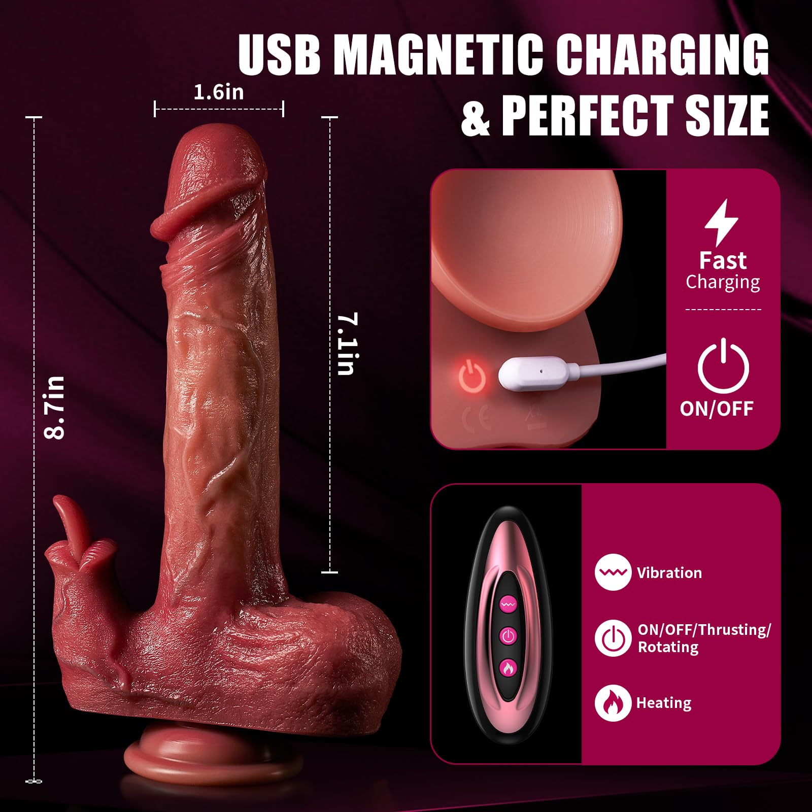 Realistic Thrusting Dildo Licking Vibrator, 8.7 inch Vibrating Dildos with 9 Vibration 3 Thrusting and Heating Licking Modes for Anal Clit G-Spot Stimulation, Remote Control Adult Sex Toys for Women