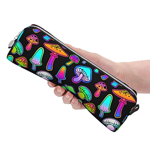 Colorful Mushroom Leather Pencil Case Bag for Girls Boys Lightweight Durable Pen Pouch with Brass Zipper, Organizer Box Change Coins Bag