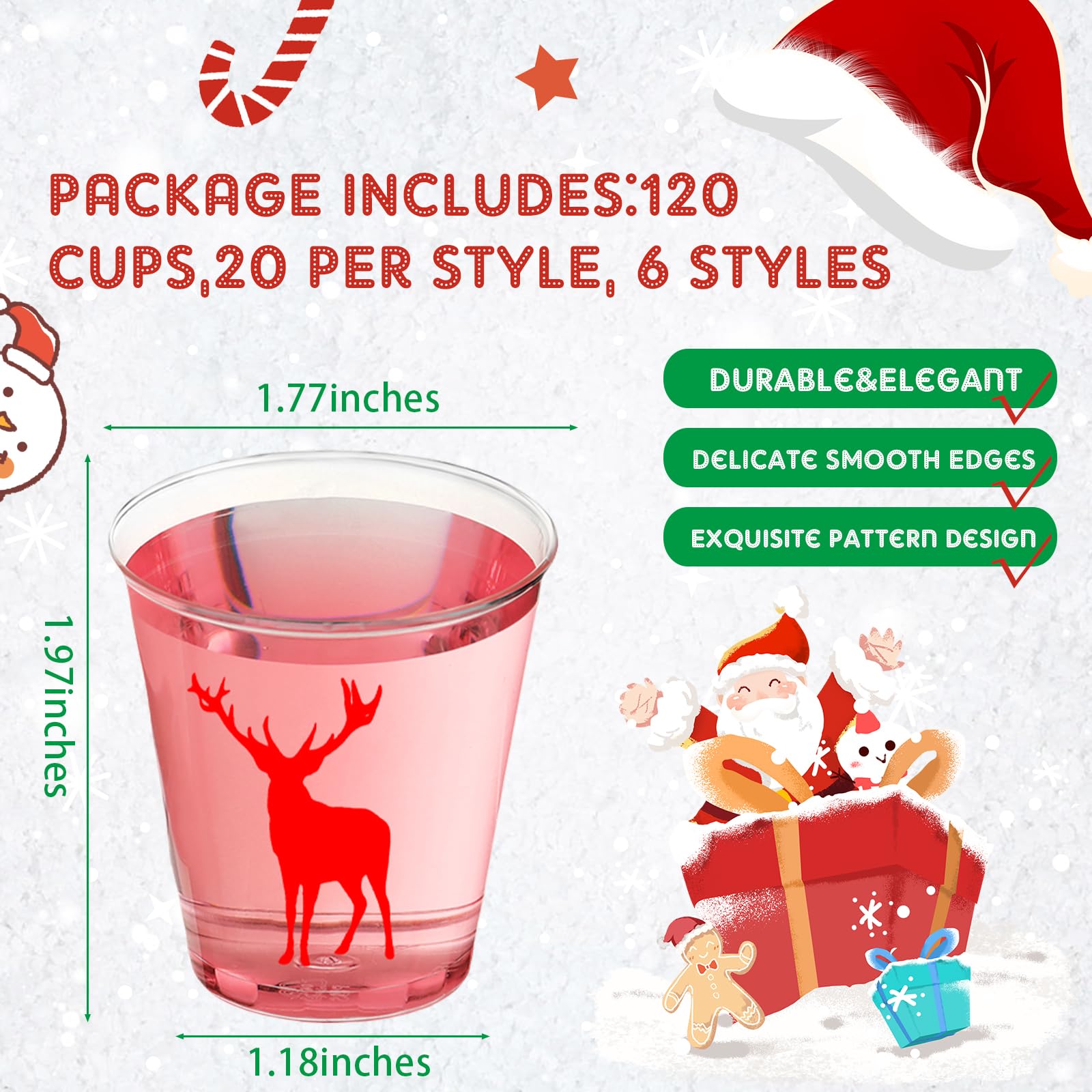 Lallisa 120 Pcs Christmas Plastic Shot Glasses 2oz Clear Disposable Shot Glasses Mini Plastic Drinking Tasting Cups for Xmas Holiday Party Supplies Tasting Serving Coffee Tea Beverage, Red and Green