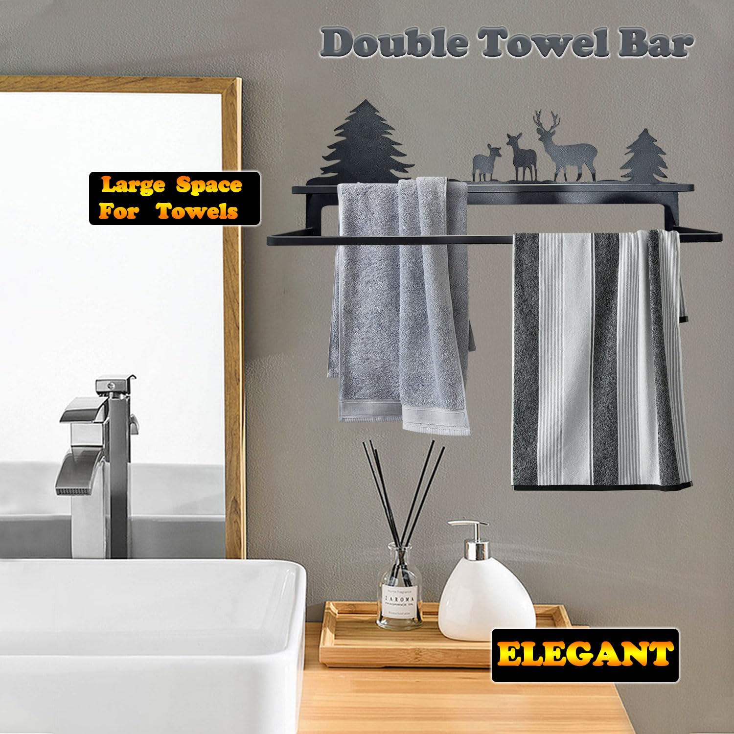 Towel Racks for Bathroom,Matte Black Bathroom Towel Holder Wall Mounted,Rustic Kitchen Dish Towel Hanger with Double Towel Bar,with Nails and Self Adhesive