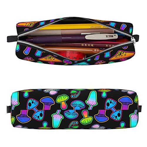 Colorful Mushroom Leather Pencil Case Bag for Girls Boys Lightweight Durable Pen Pouch with Brass Zipper, Organizer Box Change Coins Bag