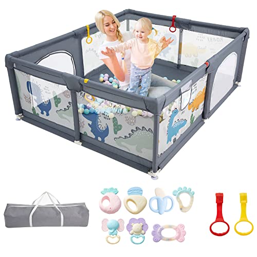 TuKIIE Baby Playpen for Toddlers, 71"x 59" Extra Large Dinosaur Play Pen Yards with Breathable Mesh for Babies, Indoor & Outdoor Kids Safety Play Activity Center with Gates