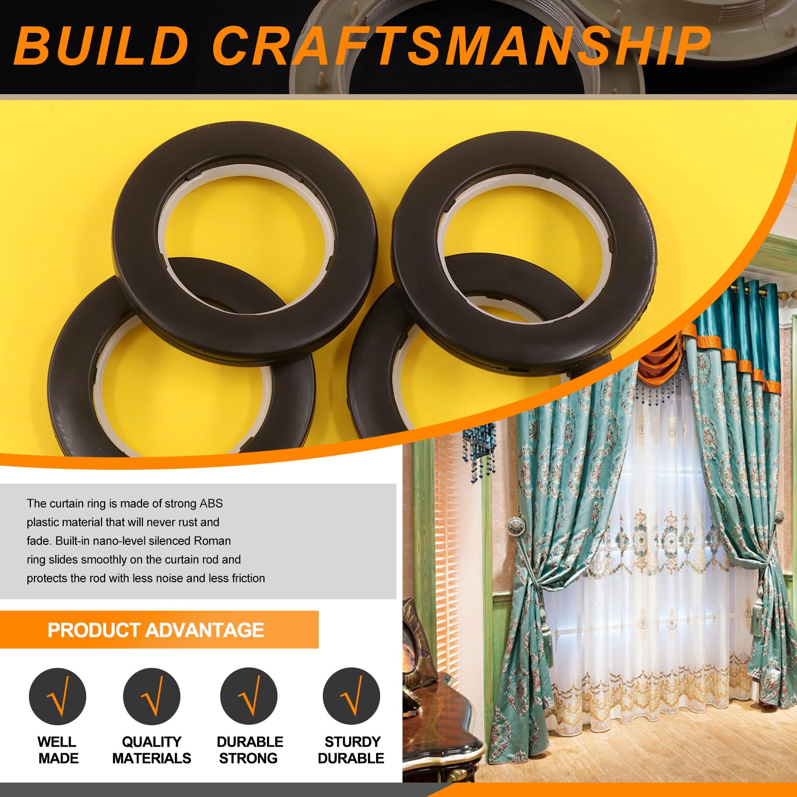Rustark 20 Sets 1-5/8" (42mm) Inner Diameter Curtain Grommet with Connectors Black Round Plastic Curtain Rings Curtain Spacers Low Noise Curtain Rings DIY Roman Curtain Rings for Window Curtains