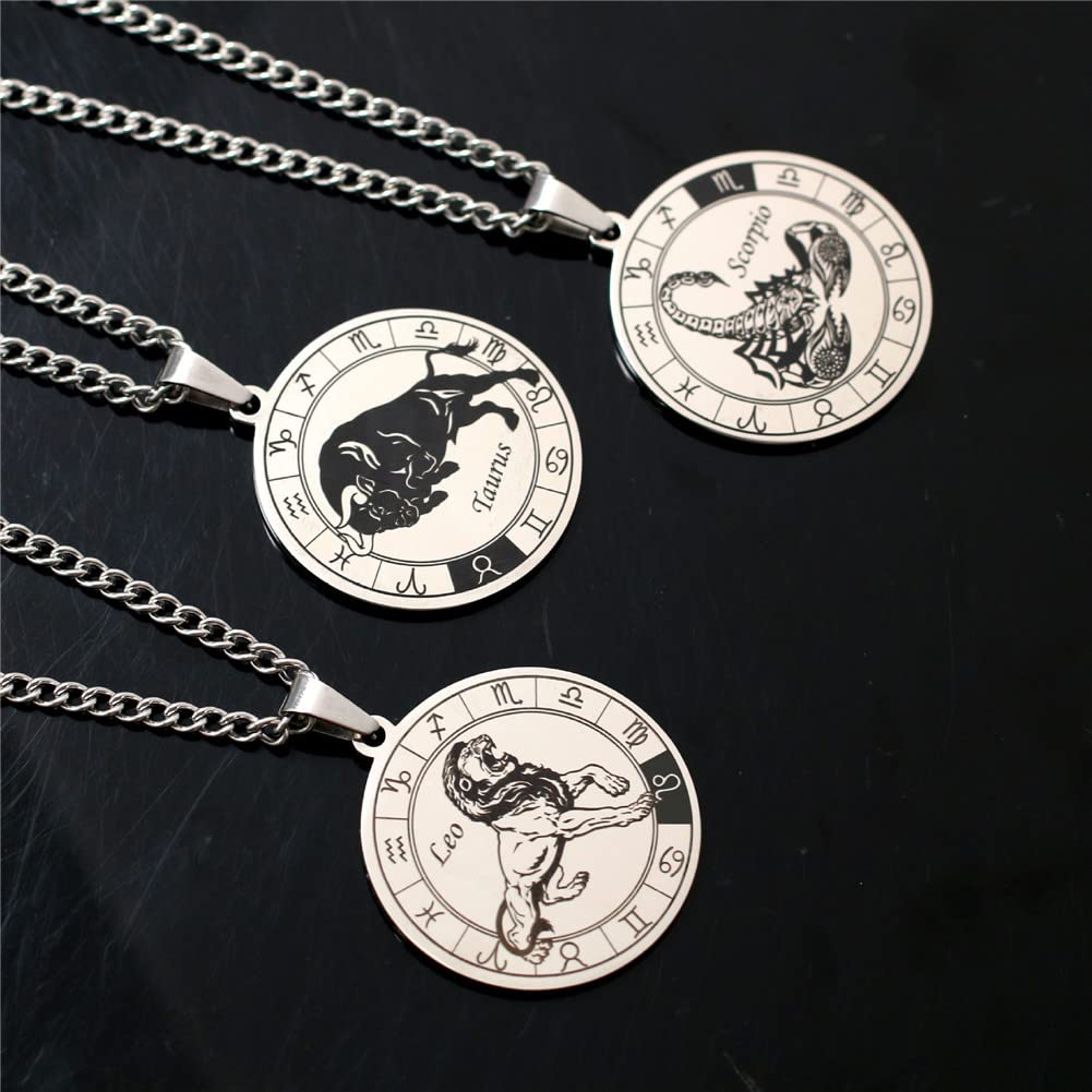 12 Constellation Necklace Stainless Steel Coin Disc Zodiac Horoscope Pendant Necklace for Women Men Personalized Jewelry(Taurus)