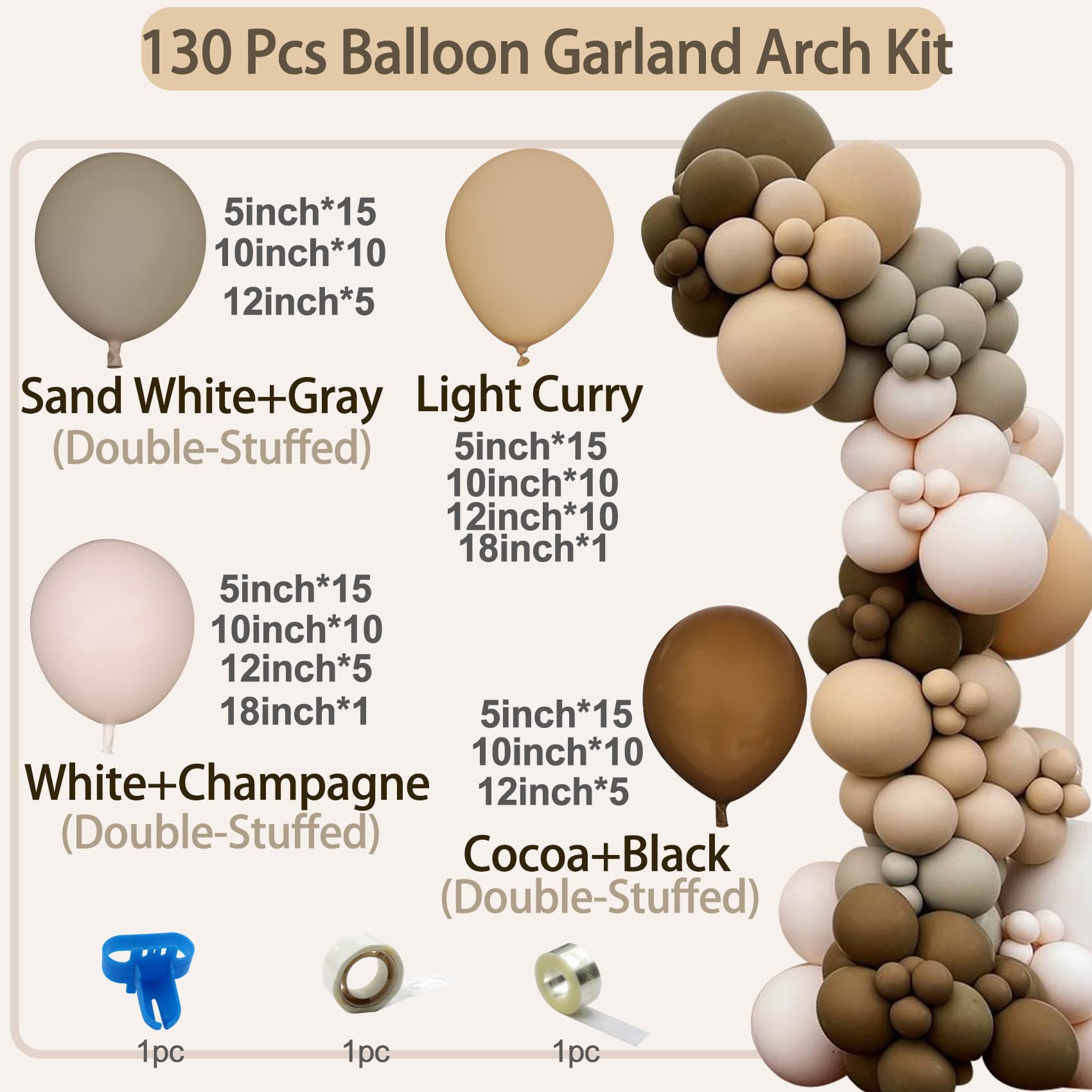 130Pcs Brown Balloons Garland Kit Arch Nude Neutral Double-Stuffed Cream Peach Blush Coffee for Teddy Bear Baby Shower Wedding Birthday Party Decorations…
