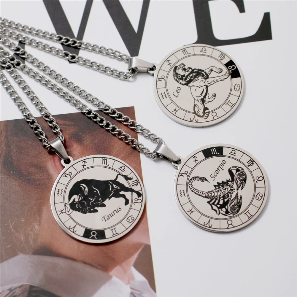 12 Constellation Necklace Stainless Steel Coin Disc Zodiac Horoscope Pendant Necklace for Women Men Personalized Jewelry(Taurus)