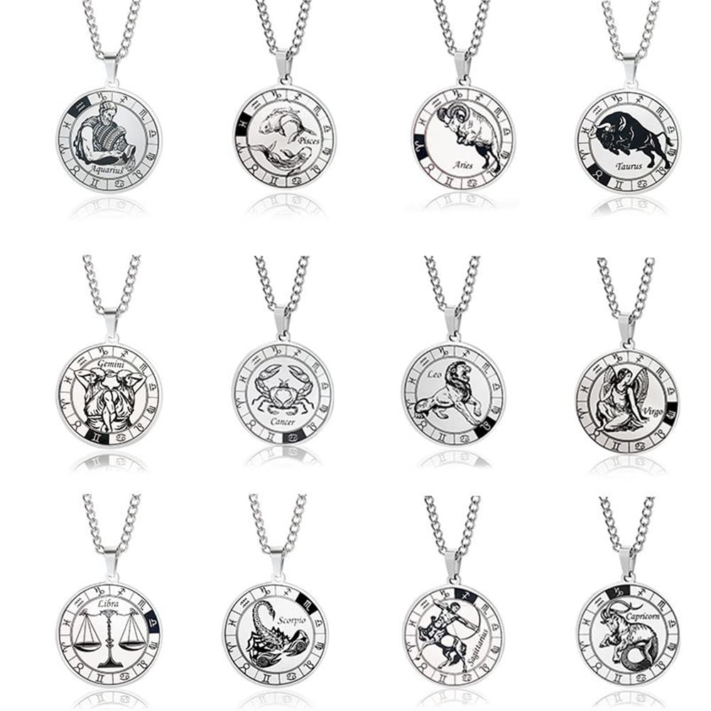 12 Constellation Necklace Stainless Steel Coin Disc Zodiac Horoscope Pendant Necklace for Women Men Personalized Jewelry(Taurus)