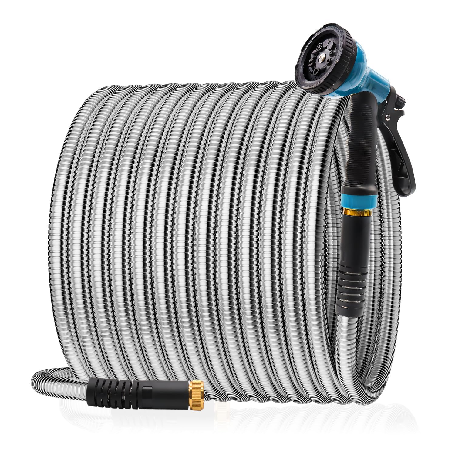 SURNEI 50ft Stainless Steel Garden Hose Metal, Heavy Duty Water Hose with 10 Function Sprayer Nozzle, Flexible Garden Hose, No-Tangle, Kink-Free, Puncture Proof Hose for Yard Lawn, Outdoors, Rv