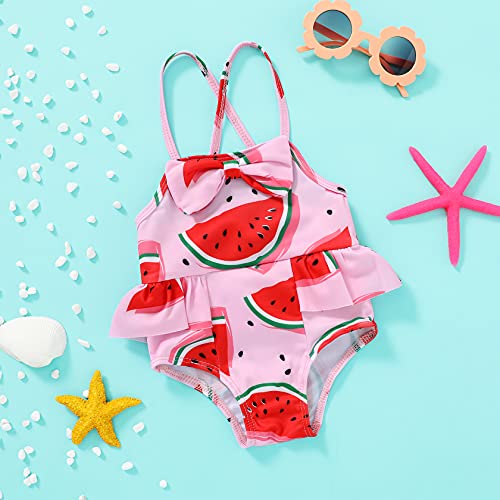 Infant Baby Girl Swimsuit Leopard Backless Swimwear Girl One Piece Halter Ruffle Watermelon Bathing Suit (Watermelon, 70, 3_Months)