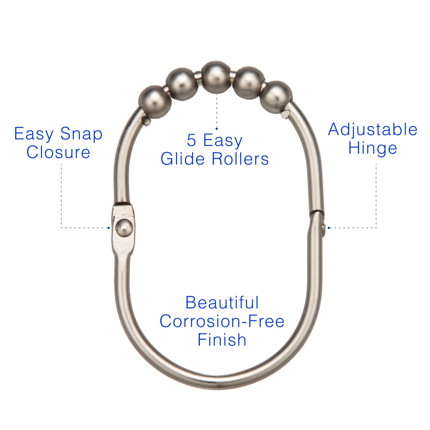 2LB Depot Wide Shower Curtain Rings/Hooks Set, Decorative Brushed Satin Nickel Finish, Easy Glide Rollers,100% Rustproof Stainless Steel, Set of 12 Rings for Shower Rods. Rust Proof Shower Hooks Rings
