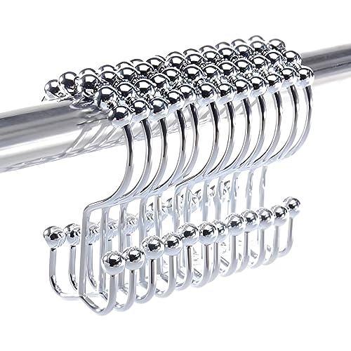 2lbDepot Shower Curtain Rings Hooks - Chrome Finish - Premium 18/8 Stainless Steel - Double Hooks with Easy Glide Rollers Rust Resistant Metal Hook, Six Finishes Available - Set of 12 for Shower Rods