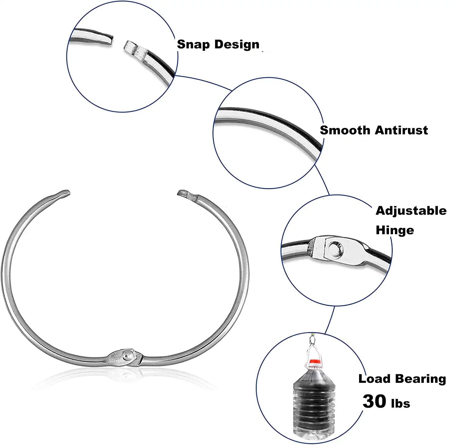 24 PCS Shower Curtain Rings, Gold Shower Curtain Hooks Decorative, ZESLMG Rustproof Shower Hooks for Shower Curtain Rods, Brass Metal Shower Rings for Bathroom, 2 Inch Loose Leaf Binder Rings