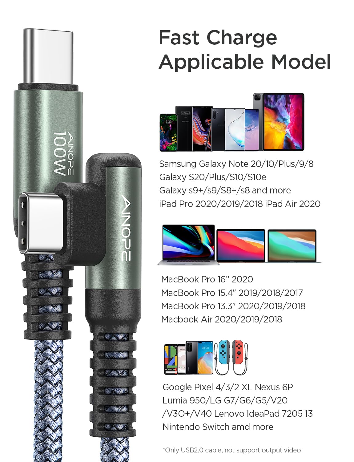 AINOPE USB C to USB C Cable 100W Durable iPhone 16 Charger Cord Right Angle, USBC to USBC Cable Cord Fast Charging Fit iPhone 16 Pro Max Plus MacBook/iPad Pro/Samsung-2 Pack 6.6FT Black