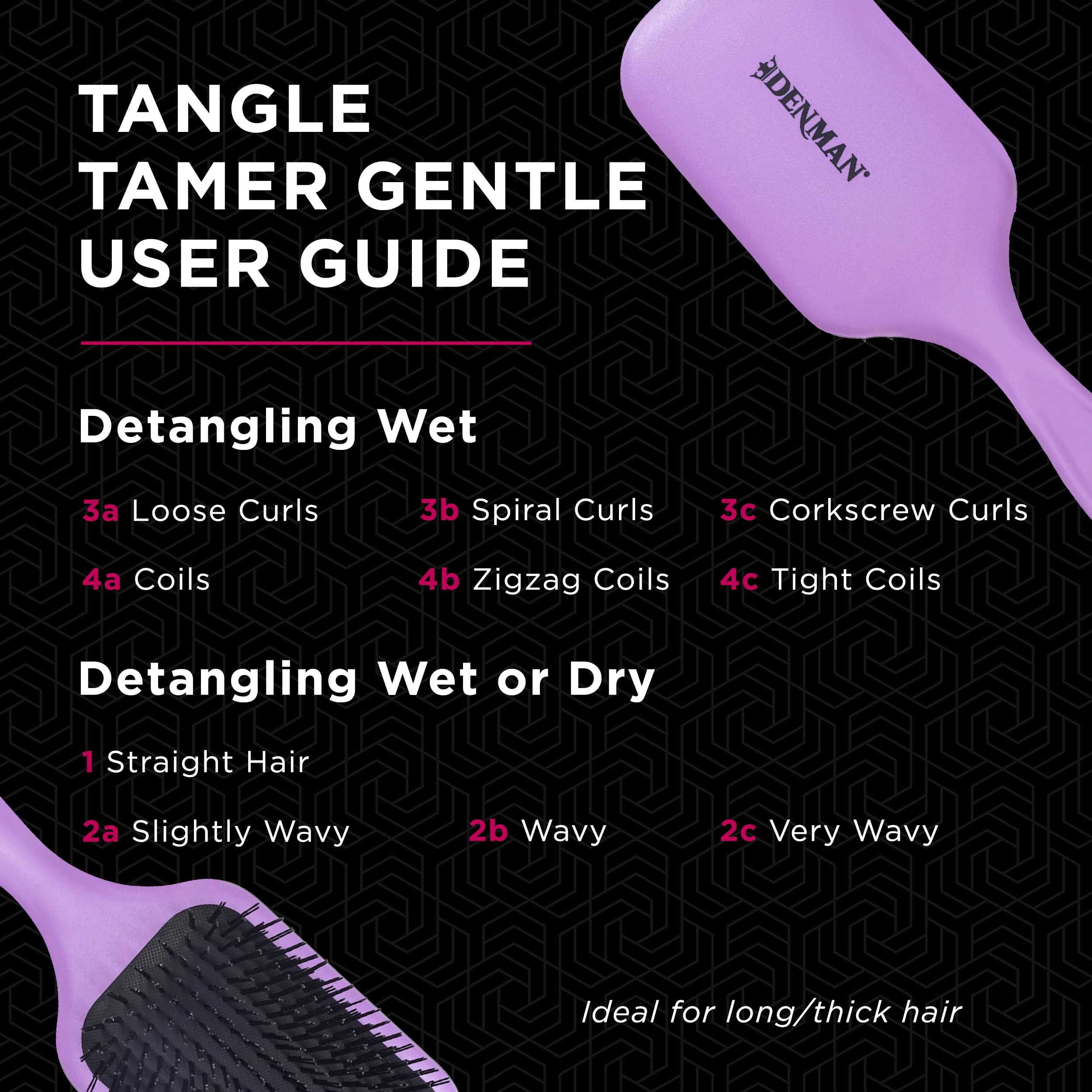 Denman Tangle Tamer Ultra (Violet) Detangling Paddle Brush For Curly Hair And Black Natural Hair - use with both Wet & Dry Hair, D90L