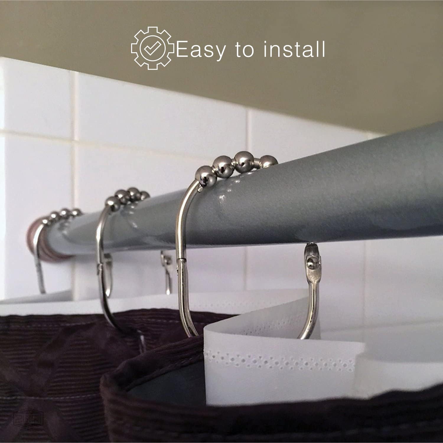 2LB Depot Wide Shower Curtain Rings/Hooks Set, Decorative Brushed Satin Nickel Finish, Easy Glide Rollers,100% Rustproof Stainless Steel, Set of 12 Rings for Shower Rods. Rust Proof Shower Hooks Rings