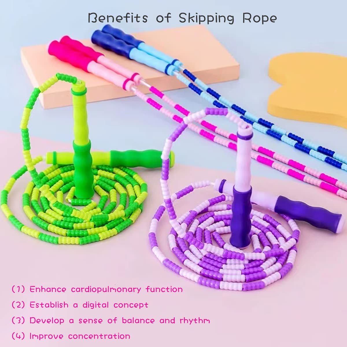 TYSISKNO 2 Pack Jump Rope for Kids Girls and Boys, Soft Beaded Jump Ropes, Adjustable Skipping Rope, Workout and Weight Loss,9.2Ft(Blue&Purple)