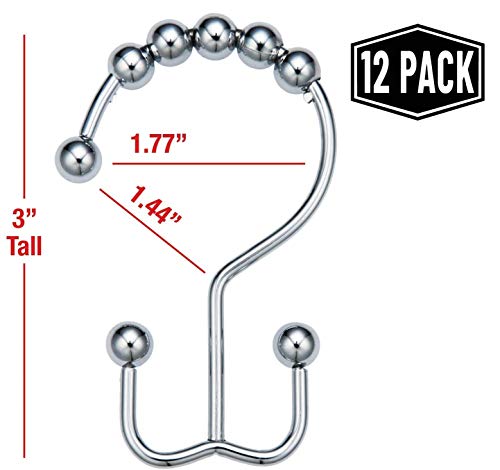 CenYouful Shower Curtain Rings, Rust-Resistant Metal Double Roller Glide Hooks, Set of 12 Chrome Rings