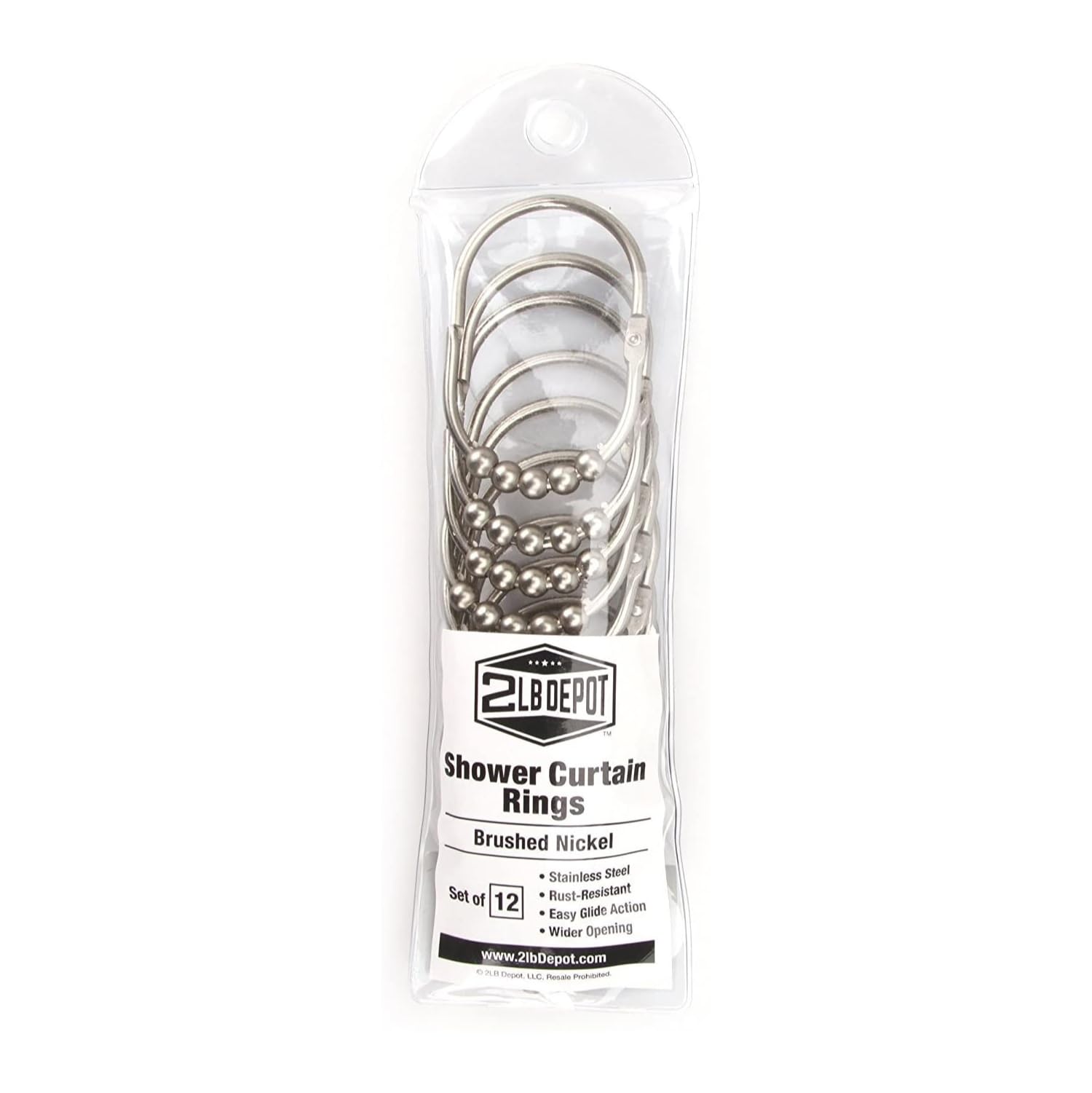 2LB Depot Wide Shower Curtain Rings/Hooks Set, Decorative Brushed Satin Nickel Finish, Easy Glide Rollers,100% Rustproof Stainless Steel, Set of 12 Rings for Shower Rods. Rust Proof Shower Hooks Rings