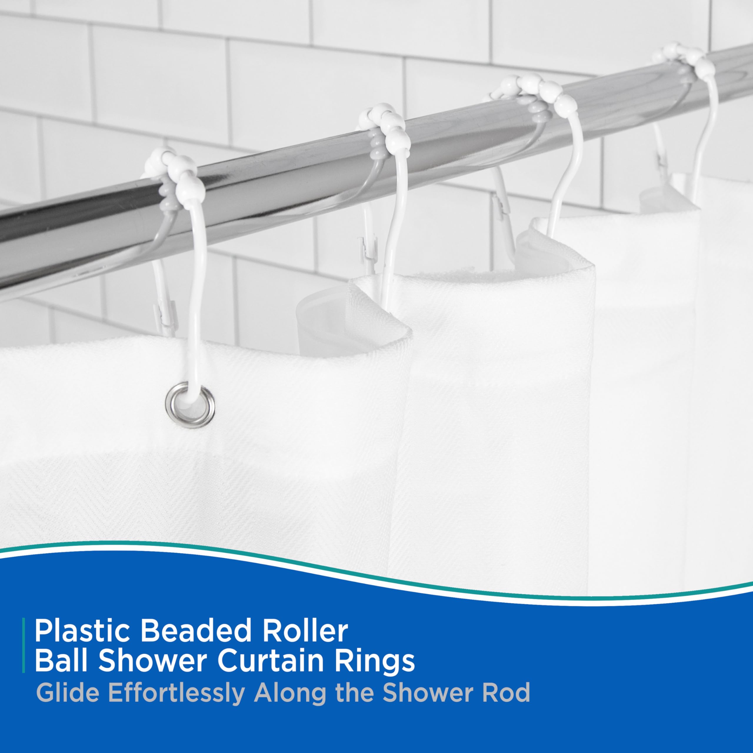 Kenney KN67140 Rust-Proof Gliding Plastic Beaded Shower Curtain Rings for Shower Curtain and Standard Shower Curtain Rod, Bathroom Use, Easy to Install, Set of 12, White