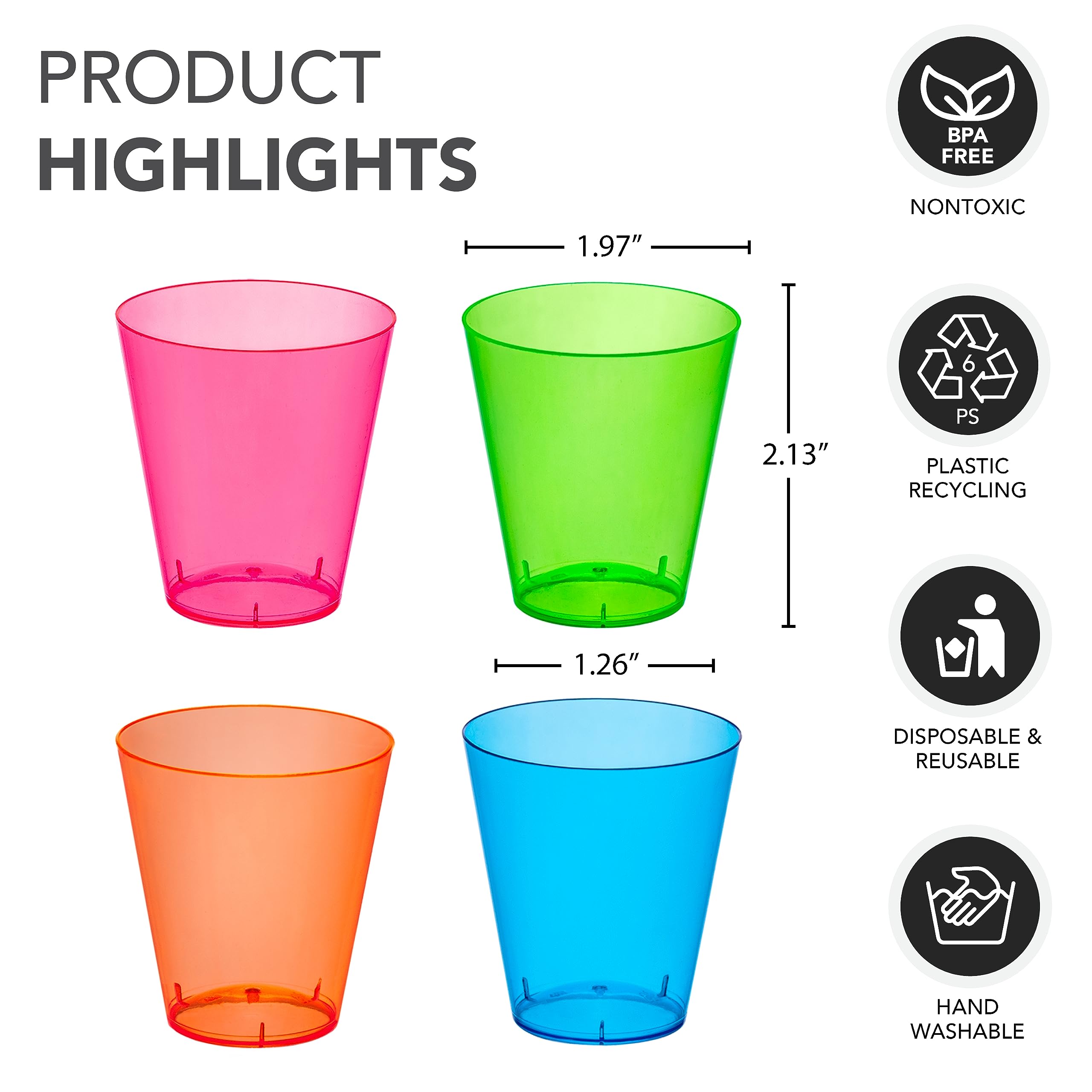 Party Essentials Hard Plastic 2-Ounce Shot/Shooter Glasses, 40-Count, Assorted Neon