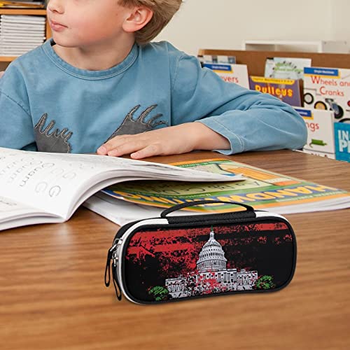 Washington and USA Flag Printed Pencil Case Bag Stationery Pouch with Handle Portable Makeup Bag Desk Organizer