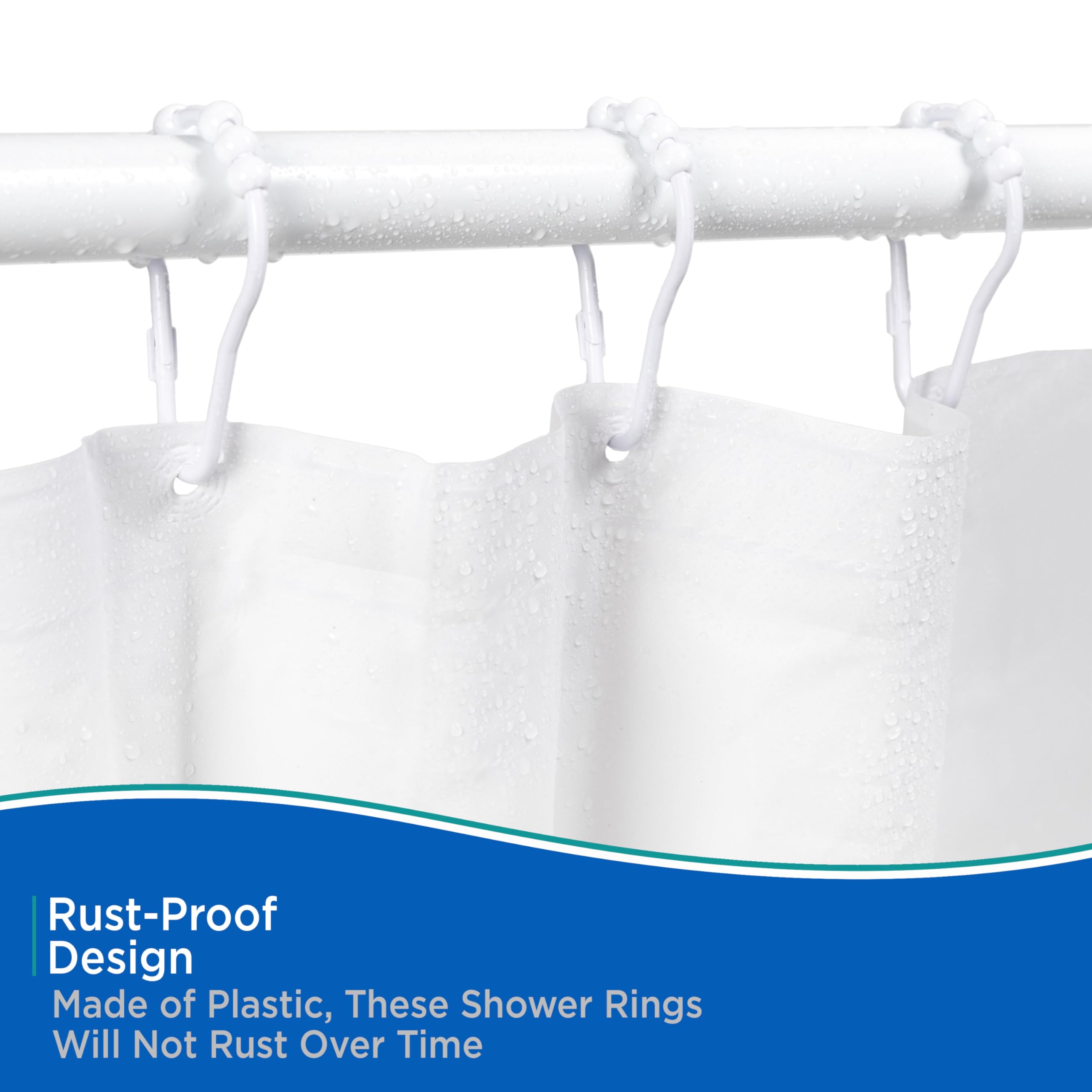Kenney KN67140 Rust-Proof Gliding Plastic Beaded Shower Curtain Rings for Shower Curtain and Standard Shower Curtain Rod, Bathroom Use, Easy to Install, Set of 12, White