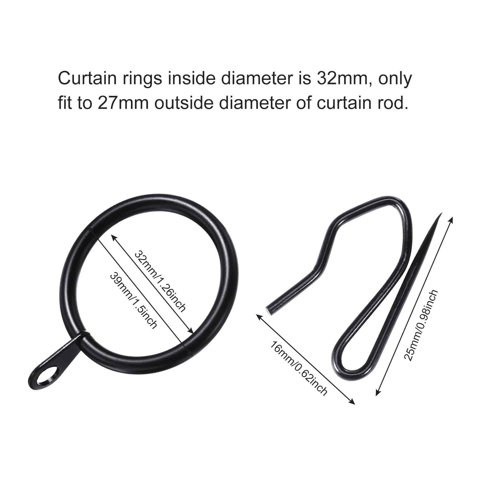Hotop 30 Pieces Metal Drapery Curtain Rings and 30 Pieces Hanging Metal Curtain Drapery Pin Hooks for Window Door Shower(32 mm,Black)