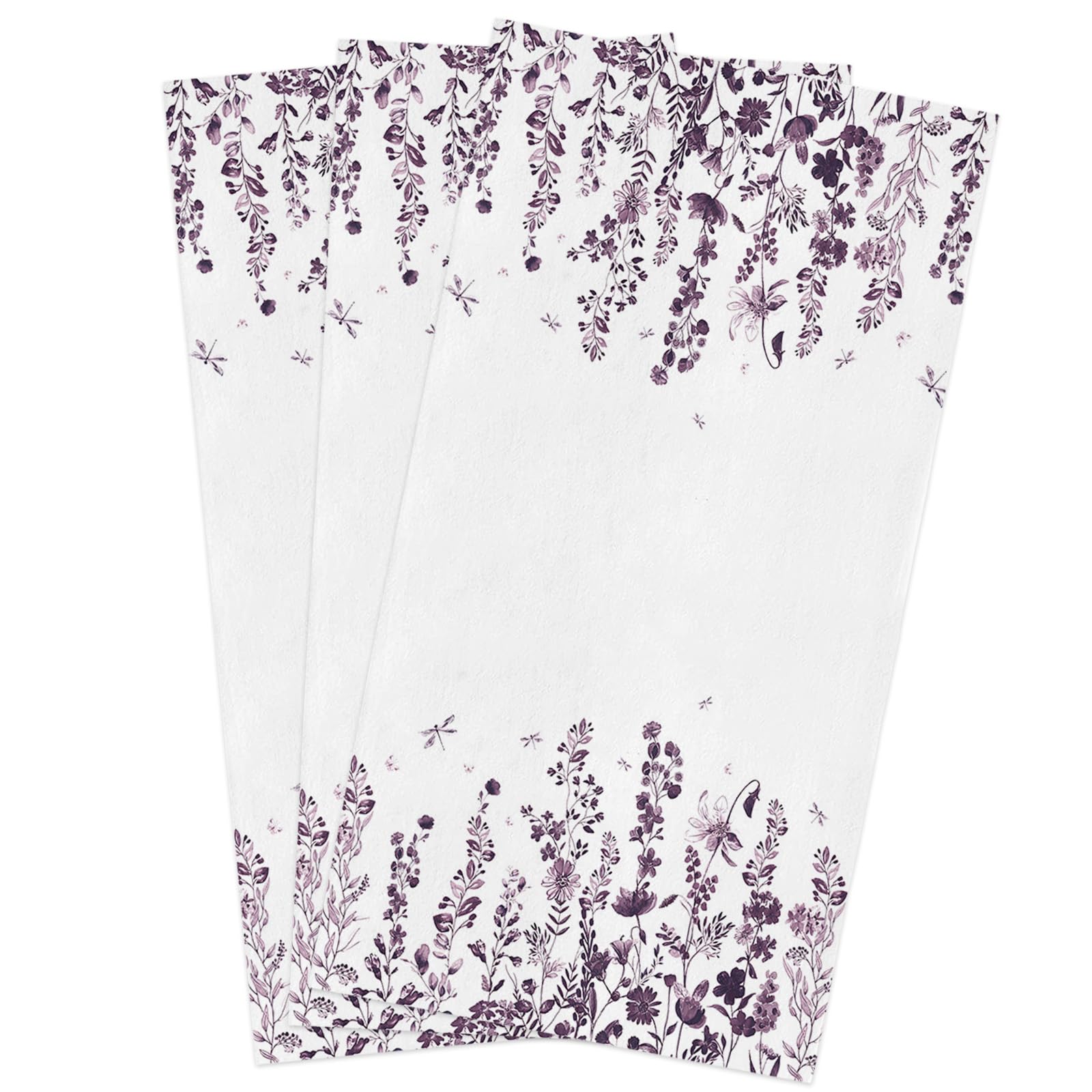 Rocking Giraffee Microfiber Kitchen Towels 3 Pack, Retro Purple Flowers Floral Dragonfly Absorbent Dish Towel Quick Drying Hand Towels Set Dishcloths for Kitchen Bathroom Hotel, 16x24 inch