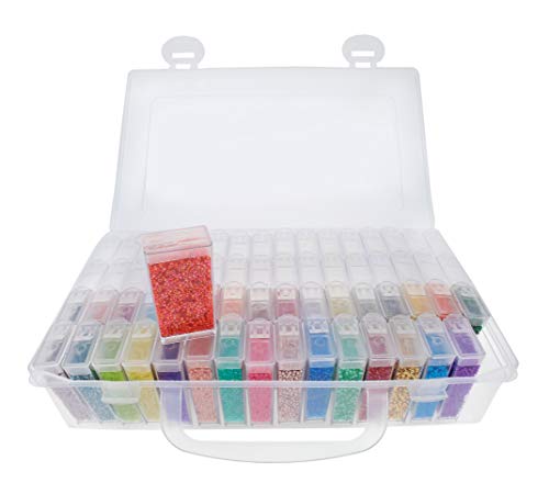 The Beadsmith Personality Case - Clear Storage Carrying Case 8.5 x 5 inches - and 64 flip top Boxes 1 x 2 inches Each, Includes Labels, for organizing and Storage