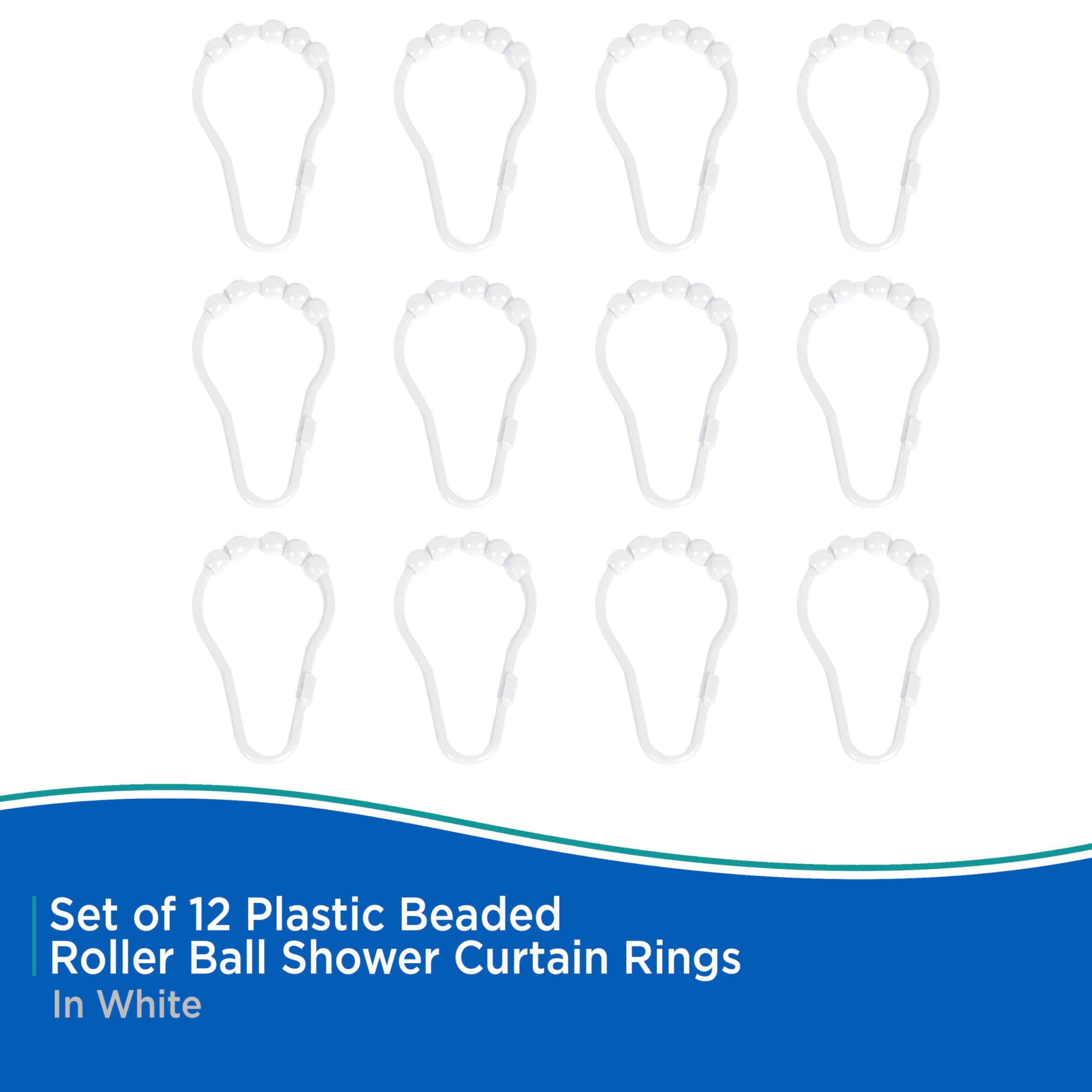 Kenney KN67140 Rust-Proof Gliding Plastic Beaded Shower Curtain Rings for Shower Curtain and Standard Shower Curtain Rod, Bathroom Use, Easy to Install, Set of 12, White