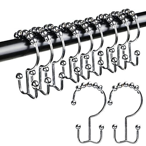Shower Curtain Hooks Rings Premium Rust Resistant Metal Hook Double Glide Shower Hooks Roller Balls Glide on Shower Rods for Bathroom Curtain, Shower Curtains & Liners, Set of 12 (Silver)