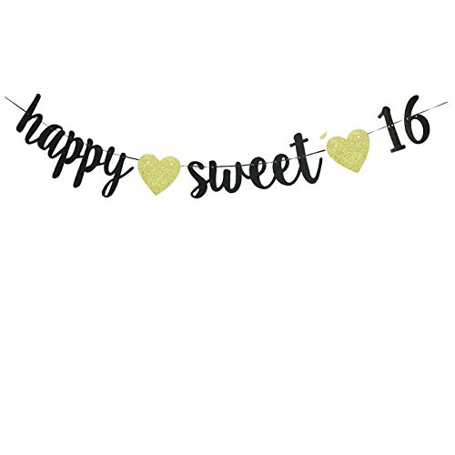 Happy Sweet 16 Banner 16th Birthday Party Decor, Funny Sixteen Years Old Birthday Party Decorations(Black).