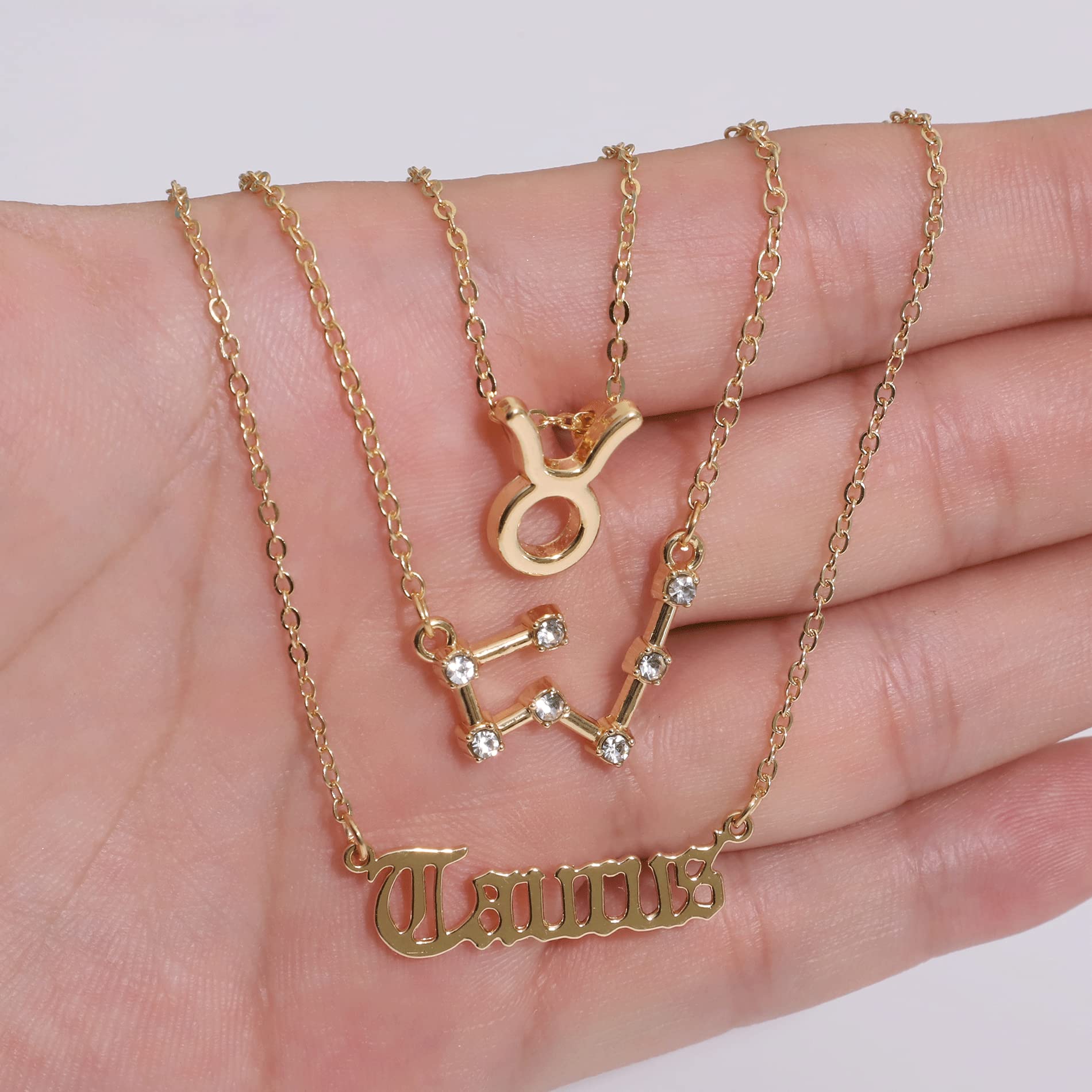 3 PCS Taurus Zodiac 12 Constellation Pendant Necklace Astrology Gold Tone Chain with Message Card