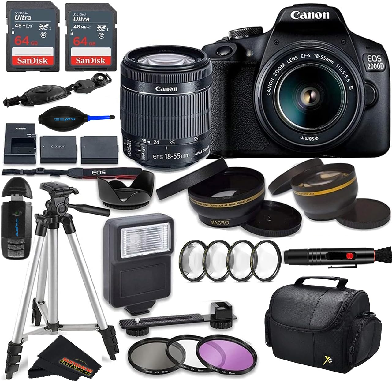 Canon Intl. EOS 2000D (Rebel T7) DSLR Camera wCanon EF-S 18-55mm F3.5-5.6 III Lens and Sunshine Photo Professional Accessories Bundle... (Renewed)