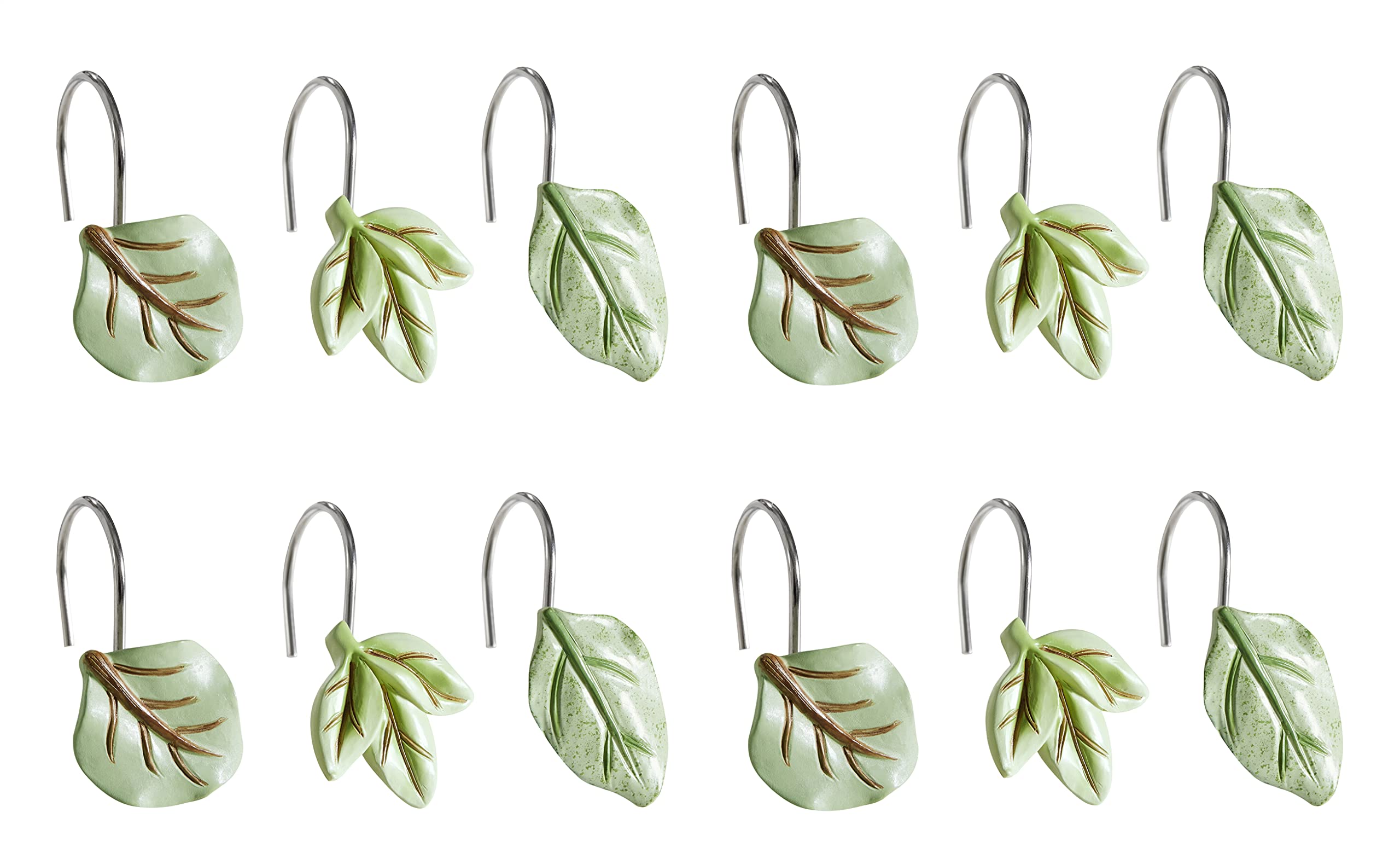 YoKii 12PCS Plant Leaves Decorative Shower Curtain Hooks for Green Tropical Botanical Plam Tree Leaf Shower Curtains Hooks Metal Rustproof Cute Eucalyptus Shower Curtain Rings Bathroom Decoration