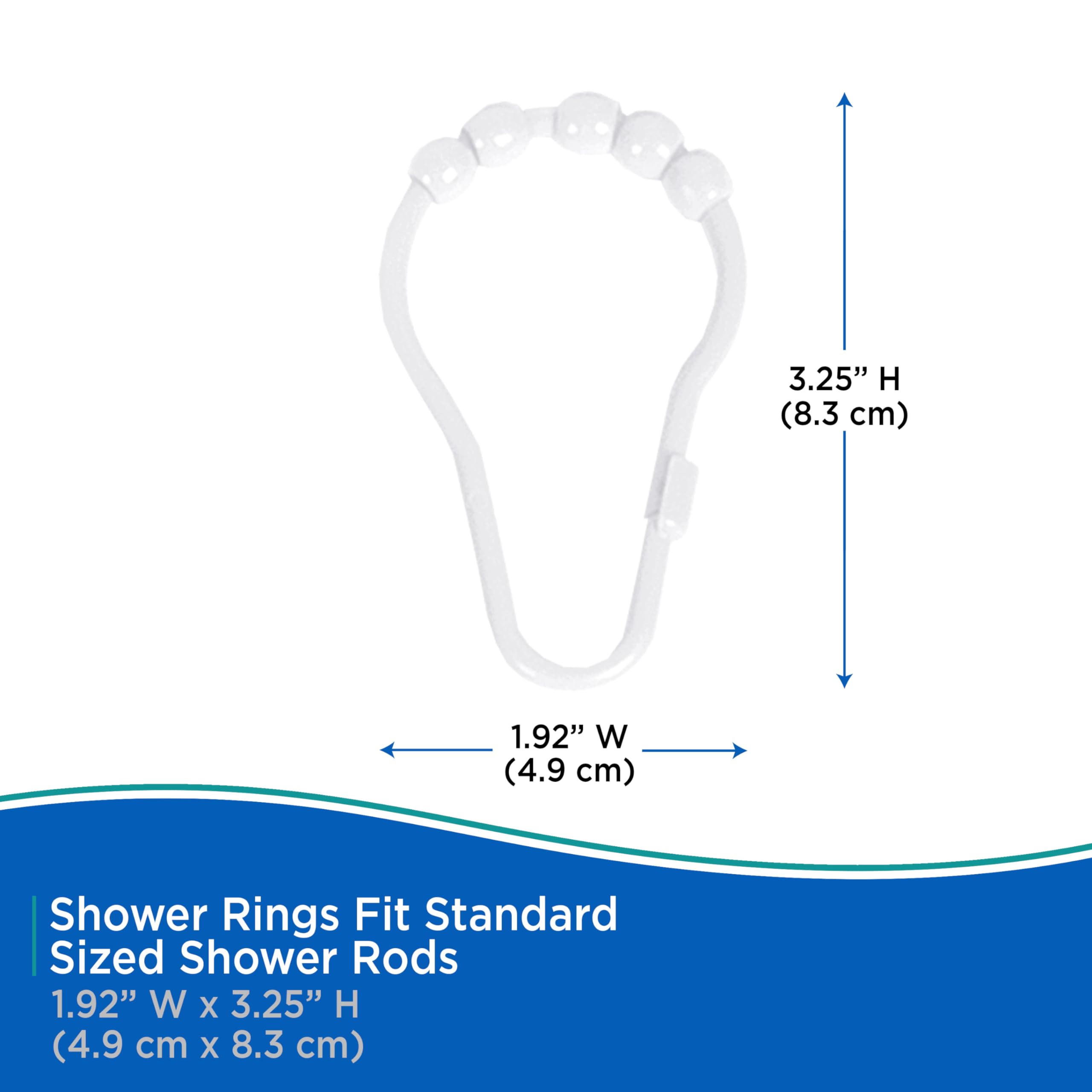 Kenney KN67140 Rust-Proof Gliding Plastic Beaded Shower Curtain Rings for Shower Curtain and Standard Shower Curtain Rod, Bathroom Use, Easy to Install, Set of 12, White